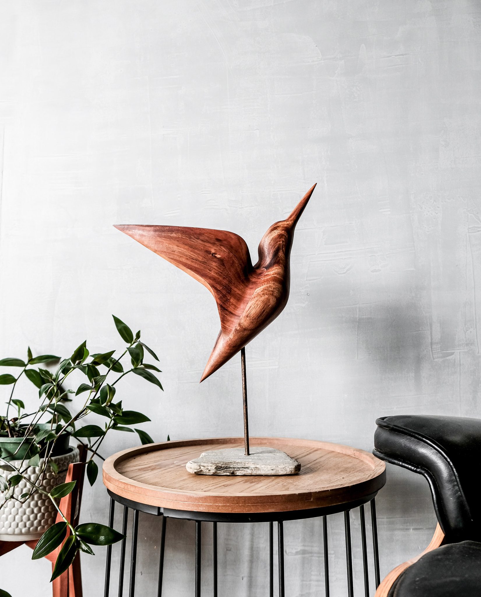 Carved minimalist Kingfisher in flight sculpture